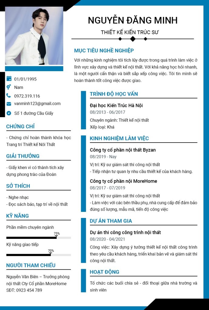 Mẫu CV kiến trúc sư đơn giản, đẹp và ấn tượng - JobsGO Blog